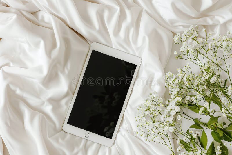 Ai Generative Tablet Phone with Blank Screen on the Bed Stock ...