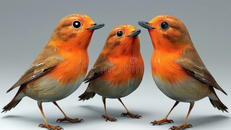 Three Realistic Robin Birds Conversing on a Grey Backdrop. Stock Photo ...