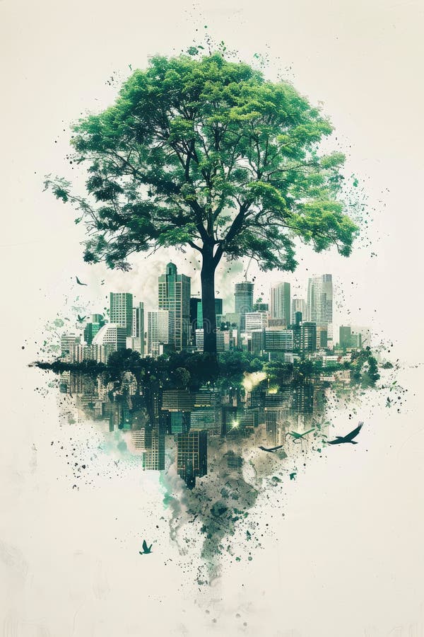 Tree-centric Cityscape with Reflection and Birds. Stock Image - Image ...