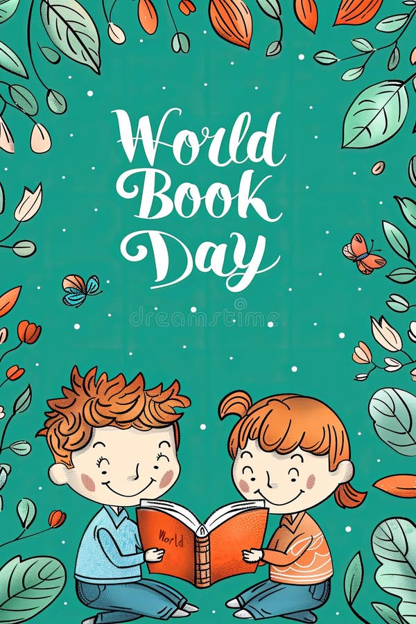 Two Children Sit Reading Together Surrounded by a Whimsical Leaf ...