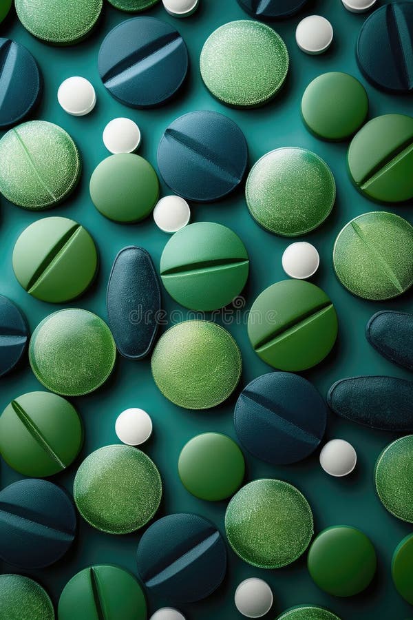 Various Pills and Tablets Scattered on a Teal Background ...