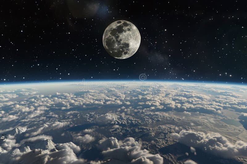 Ai Generative View of the Moon and Earth from Space Stock Illustration ...