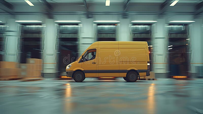 Yellow Delivery Van in Motion Blur Inside a Storage Warehouse. Stock ...