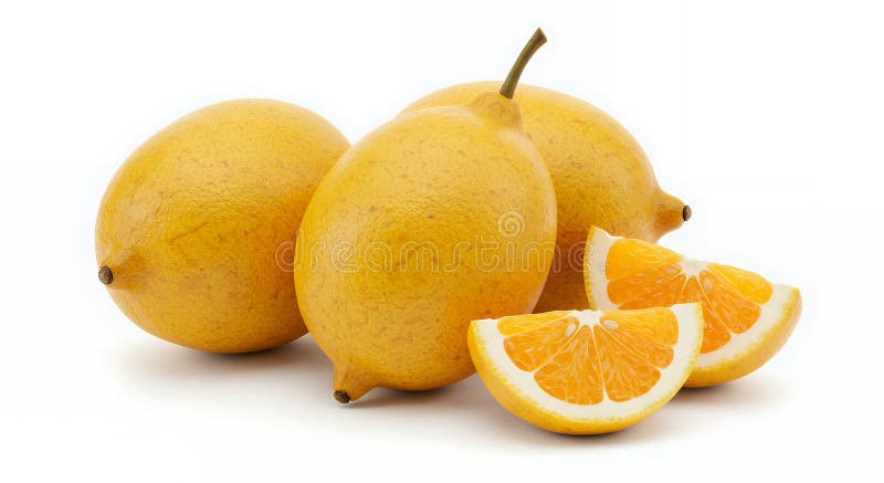 Three Whole Yellow Lemons and Two Lemon Wedges on White Background ...