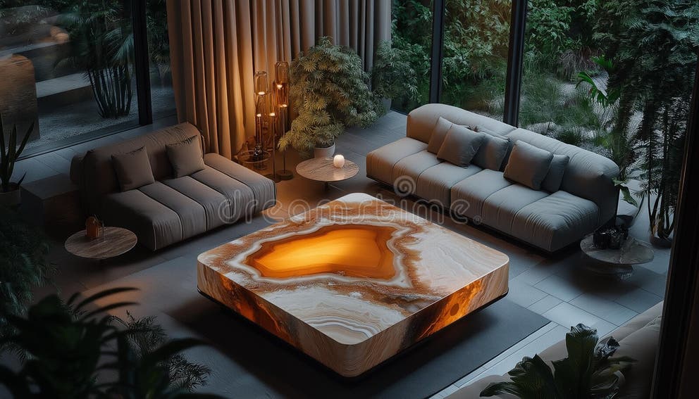 AI Generator Image of Coffee Table Made of Agate Stone with Warm Lighting Inside Stock ...