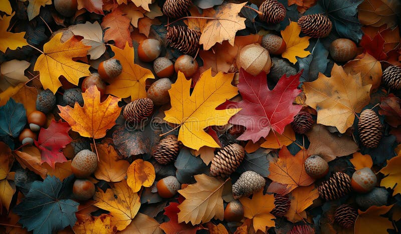 AI Generator Image of Colorful Array of Fall Leaves, Acorns, and Pinecones Stock Illustration ...