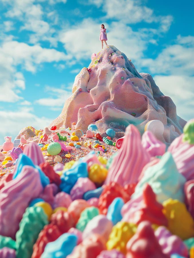 AI Generator Image of the Mountain Made of Candys, a Girl is on the Top ...