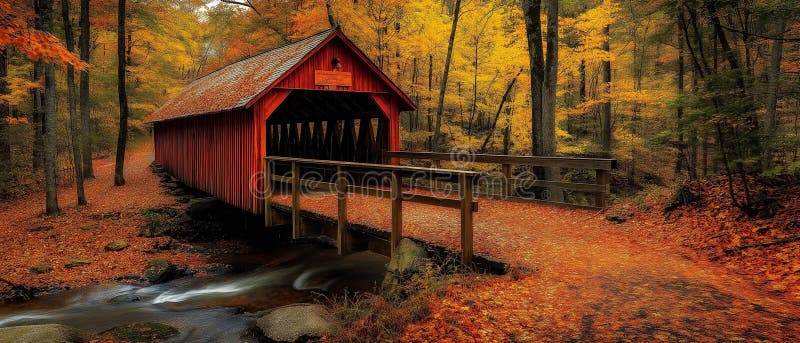 AI Generator Image of Quaint Covered Bridge in the Fall Stock ...