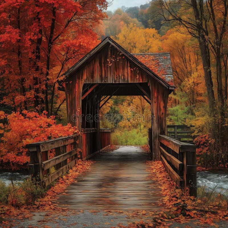 AI Generator Image of Quaint Covered Bridge in the Fall Stock ...