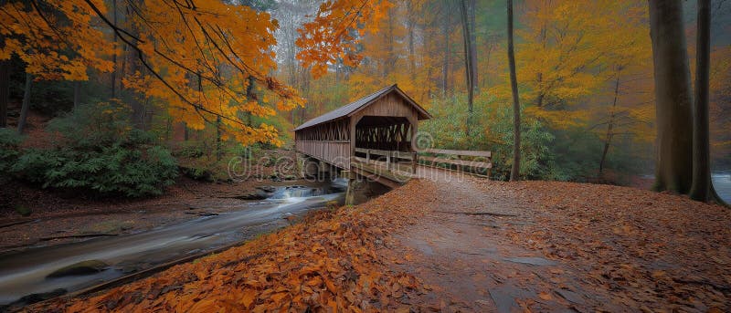 AI Generator Image of Quaint Covered Bridge in the Fall Stock ...