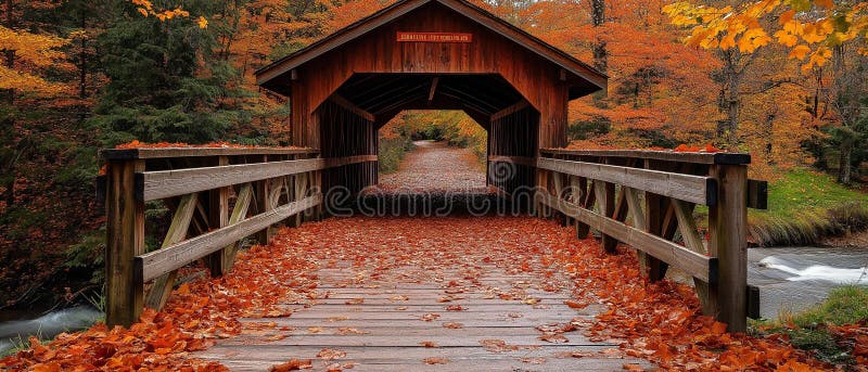 AI Generator Image of Quaint Covered Bridge in the Fall Stock ...