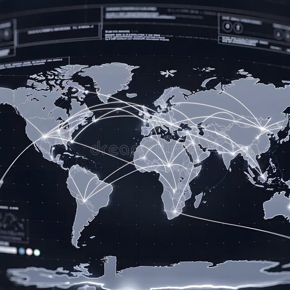 High-Tech Digital Interface with a World Map and Data Streams Stock Illustration - Illustration ...