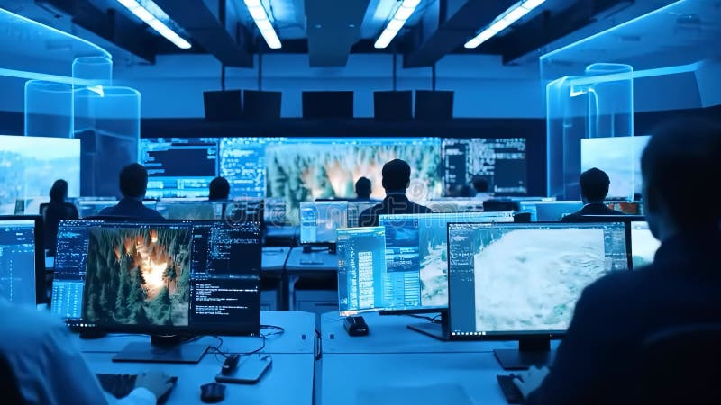 AI Group in Advanced Control Room with High-tech Computers Stock ...