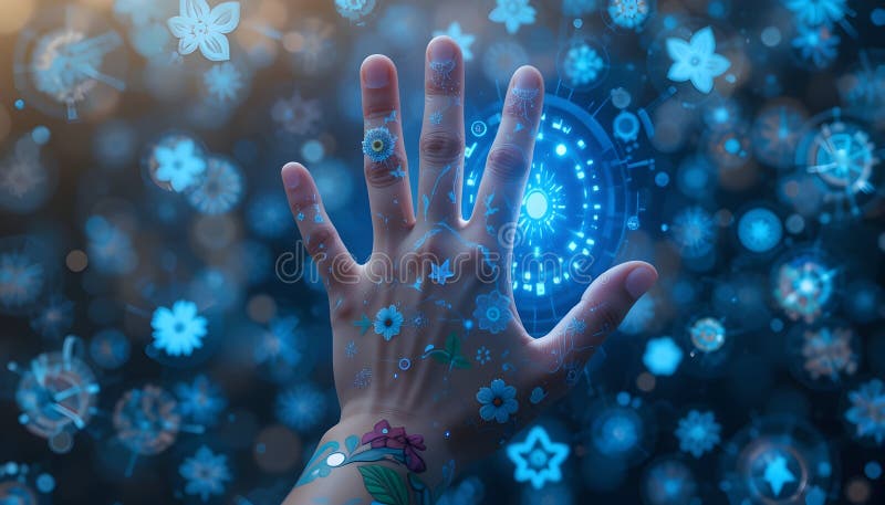 AI Hand and Bio-Luminescent Flora Stock Photo - Image of imagery ...