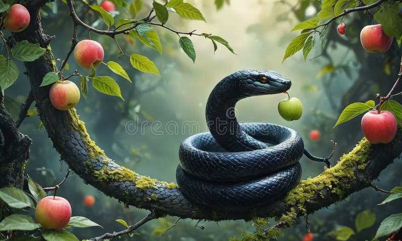 Snake is Sitting on Branch with Apples Stock Illustration ...