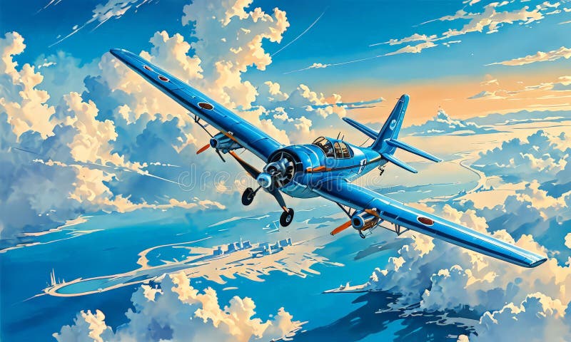 Blue Plane Flying through the Clouds Stock Illustration - Illustration ...