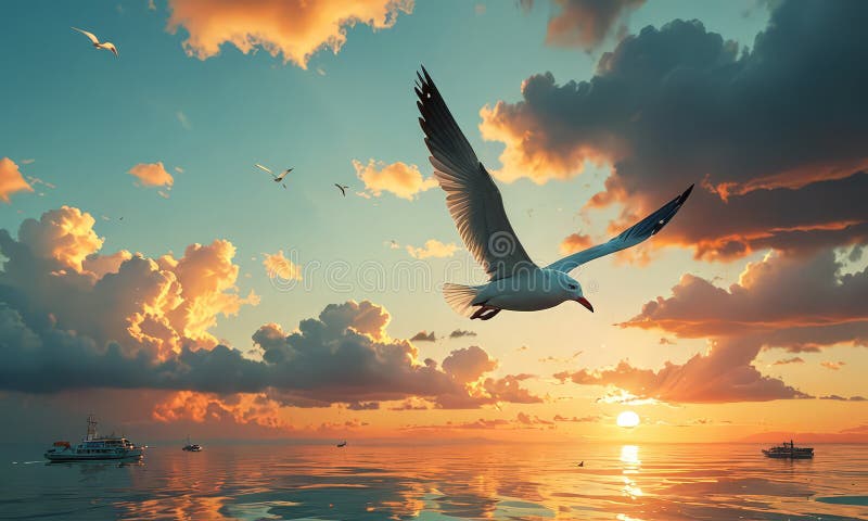Bird Flying Over Body Water Stock Illustration - Illustration of sunset ...