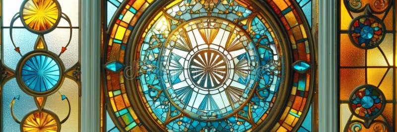 Stained Glass Window with Clock in the Center Stock Illustration ...