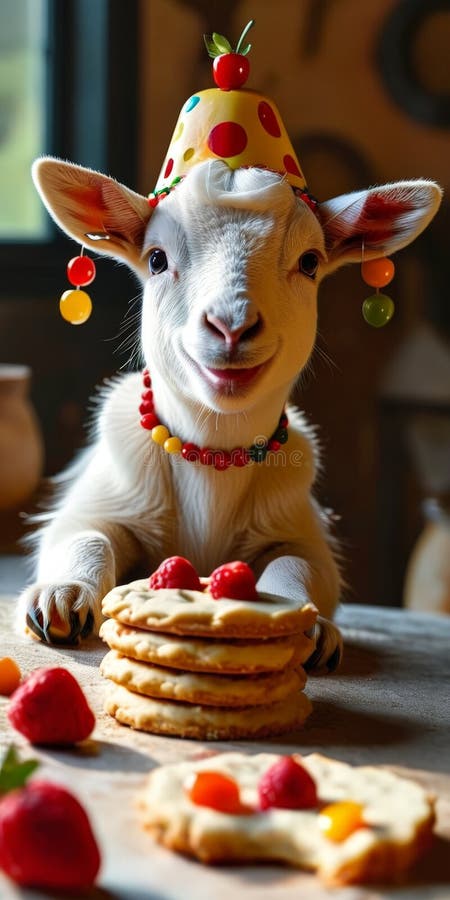 Goat Wearing Party Hat and Eating Stack Pancakes Stock Illustration ...