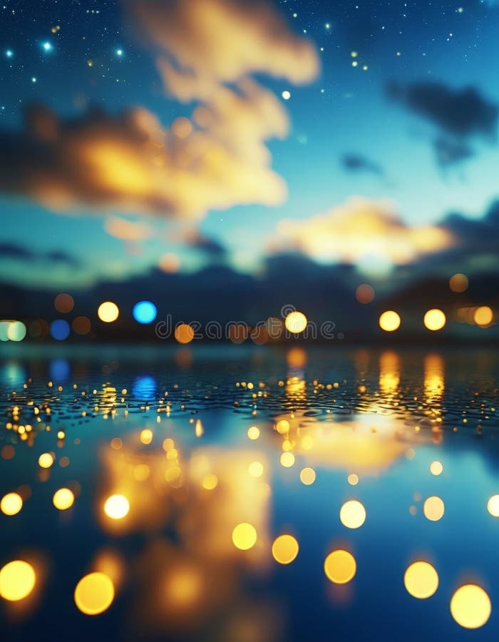 Night Sky with Many Lights Reflecting in the Water Stock Illustration - Illustration of boke ...