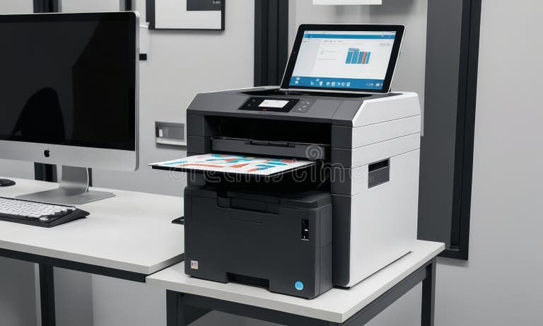 Computer and Printer on Desk Stock Illustration - Illustration of ...