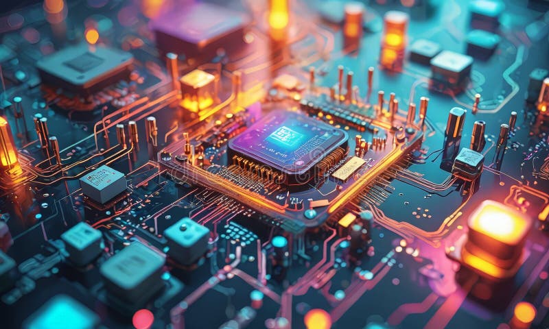 Computer Chip on Circuit with City in the Background Stock Illustration ...