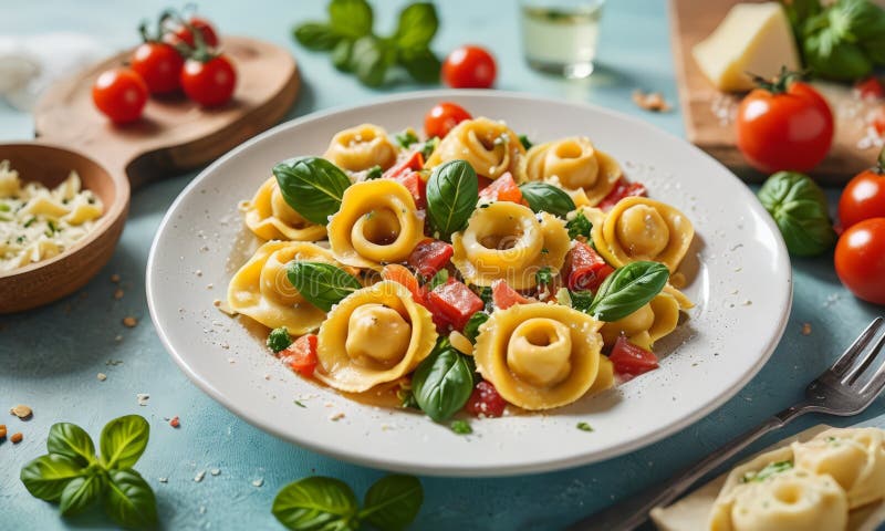 Plate Pasta with Tomatoes and Basil Stock Illustration - Illustration ...