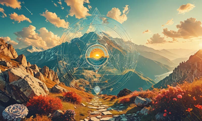Mountain Landscape with Digital Sun and Mountains Stock Illustration ...