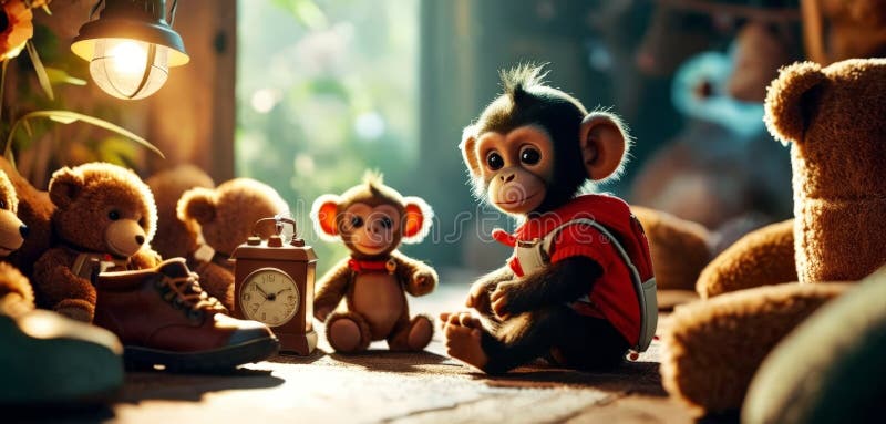 Small Monkey Sitting Next To Bunch Teddy Bears Stock Illustration ...