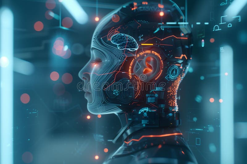 AI Head with Circuit Board Pattern Interacting with Digital Interface ...