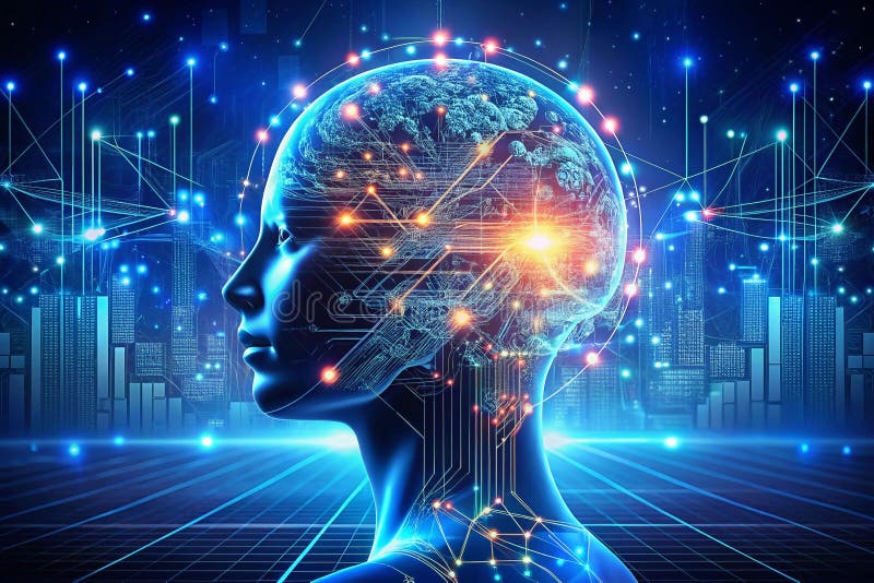 AI Head with Circuits and Global Network Stock Illustration ...