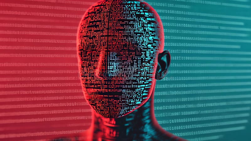 AI Head with Distorted Data Streams Symbolizing Digital Disinformation ...