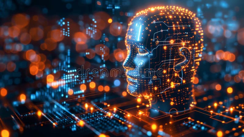 AI Head Glowing Digital Circuit Network Artificial Intelligence Machine Learning Data Processing ...