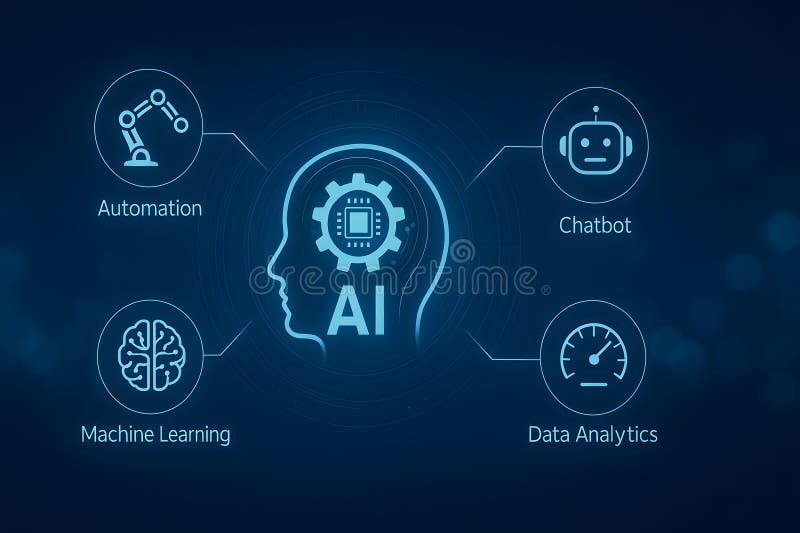 AI Head Infographic Showing Automation Chatbot Machine Learning and Analytics Stock Photo ...