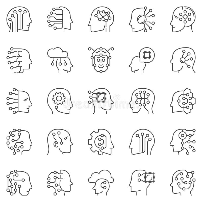 AI Head Outline Icons Set - Concept Head with Circuits Line Vector ...