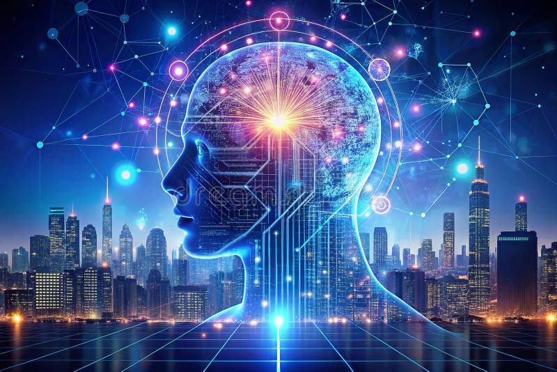 AI Head Over Futuristic City at Night Stock Illustration - Illustration ...