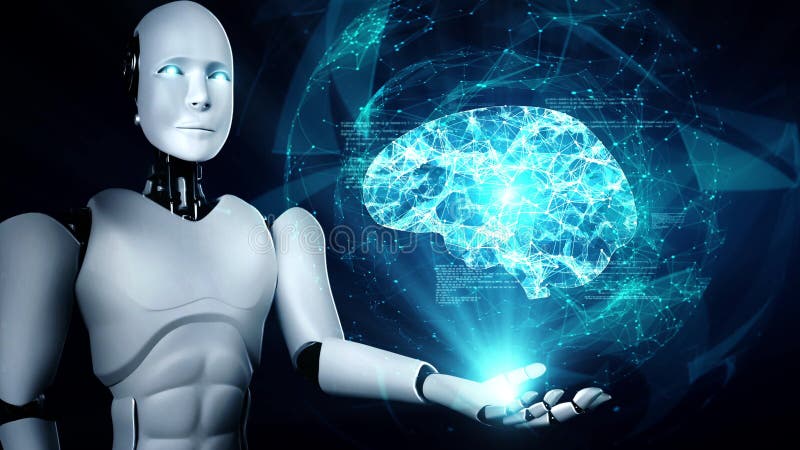 AI Hominoid Robot Holding Virtual Hologram Screen Showing Concept of AI ... AI Hominoid Robot Holding Virtual Hologram Screen Showing Concept of AI ...