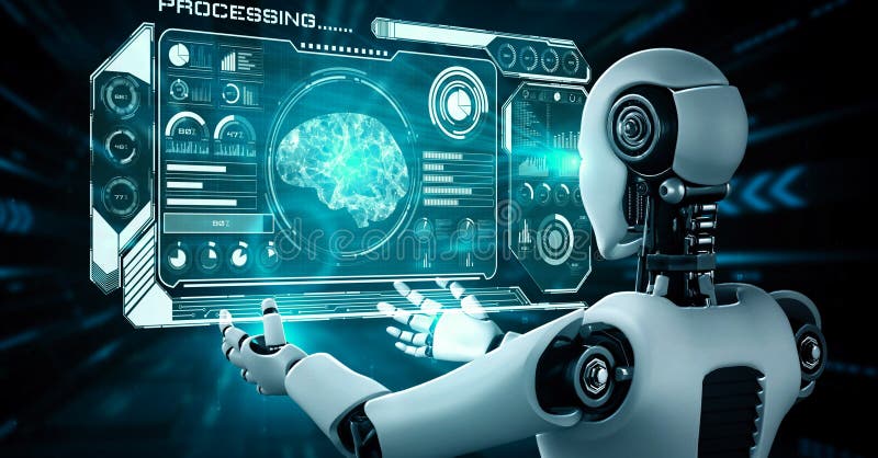 AI Hominoid Robot Holding Virtual Hologram Screen Showing Concept of AI ... AI Hominoid Robot Holding Virtual Hologram Screen Showing Concept of AI ...
