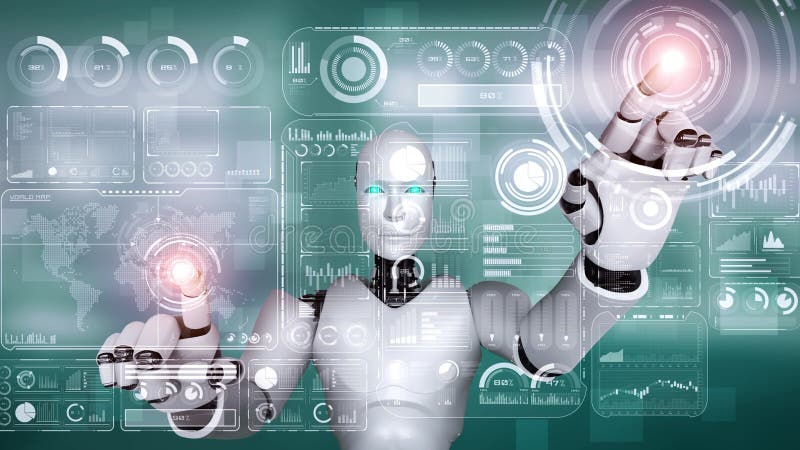 AI Hominoid Robot Holding Virtual Hologram Screen Showing Concept of AI ... AI Hominoid Robot Holding Virtual Hologram Screen Showing Concept of AI ...