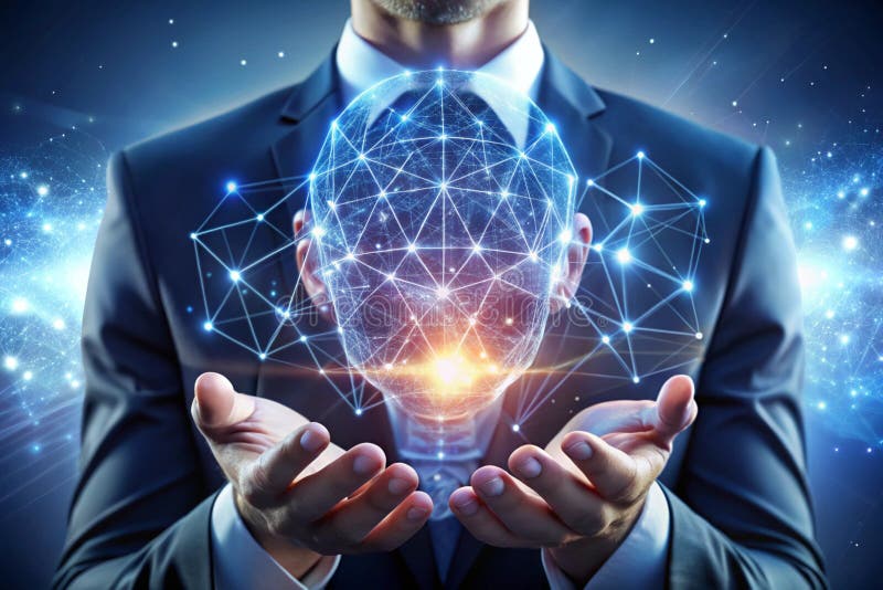 AI and Human Brain Integration: Abstract Glowing Polygonal Head with ...