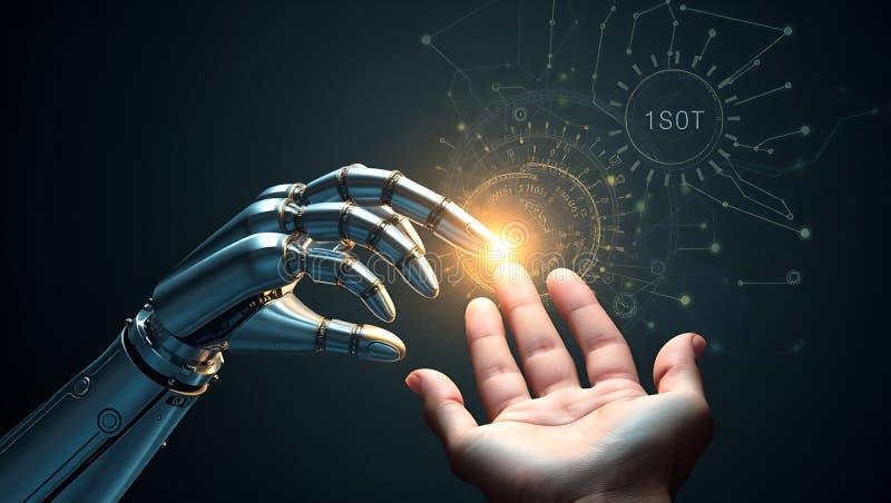 AI Human and Robot Hand Connection in Futuristic Digital Interface ...