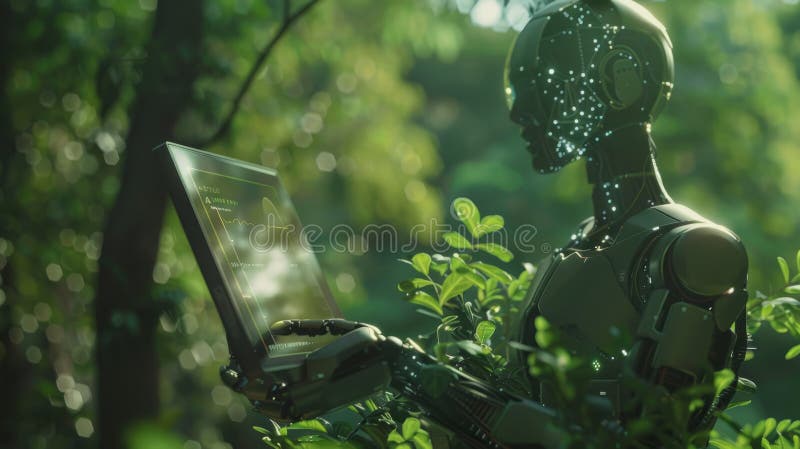Humanoid Robot Using Futuristic Laptop in Forest To Analyze Environment ...