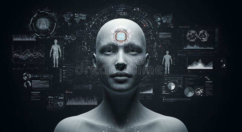 Ai Humanoid Head with Data Visualization Futuristic Technology Stock ...