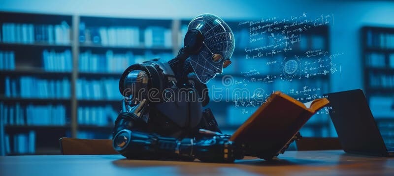 Ai Humanoid Robot with Book and Holographic Math Formulas on Blurred ...