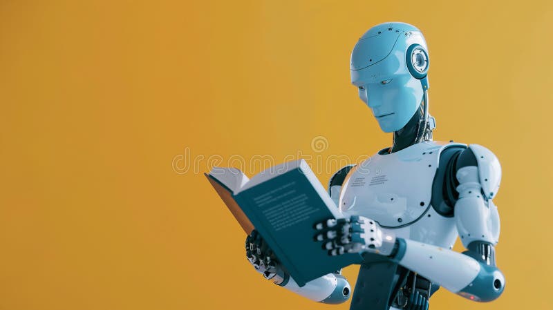 AI Humanoid Robot Holding and Reading an Open Book, Symbolizing the ...