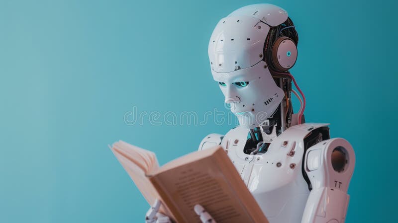 AI Humanoid Robot Holding and Reading an Open Book, Symbolizing the ...
