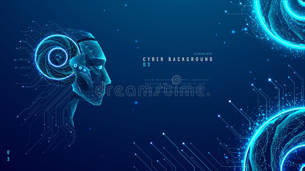 AI Humanoid Robot in Light Neon Blue on a Technology Background. Stock ...