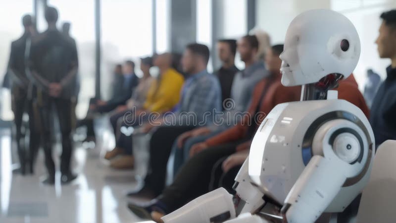 AI Humanoid Robot Seated among Humans in a Modern Office Setting ...