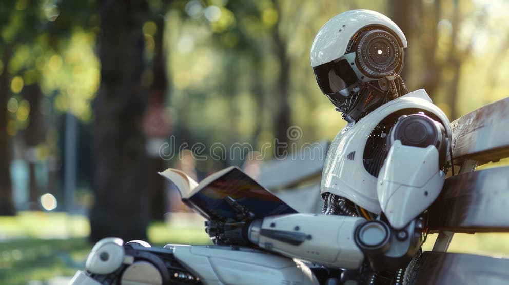 Ai Humanoid Robot Sitting on Park Bench and Reading Book, Artificial ...