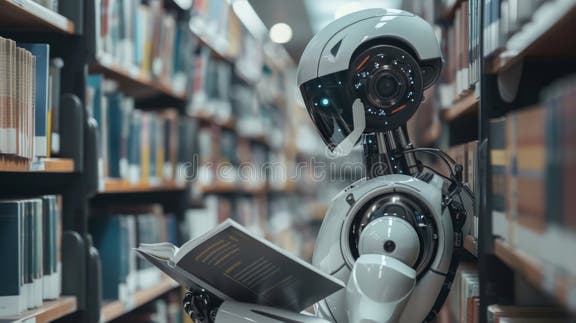 Ai Humanoid Robot Sitting and Reading Book in Library As Growth in ...